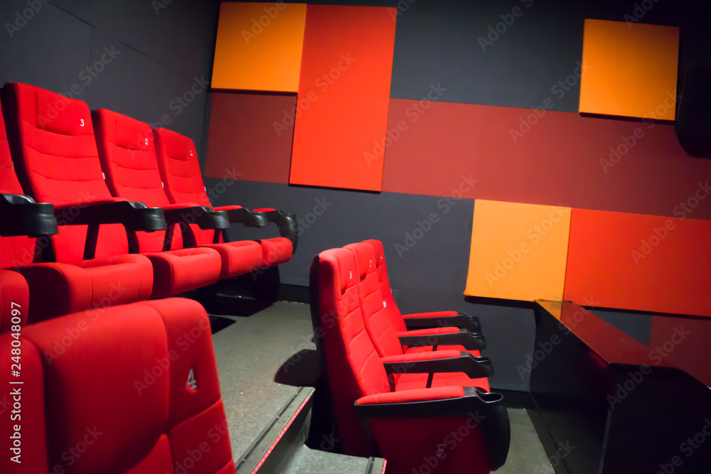 Large empty cinema hall seats. Movie cinema premiere with chairs ...
