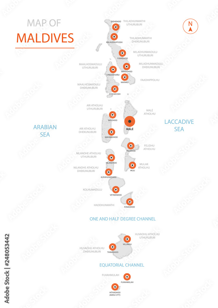 Stylized vector Maldives map showing big cities, capital Male ...