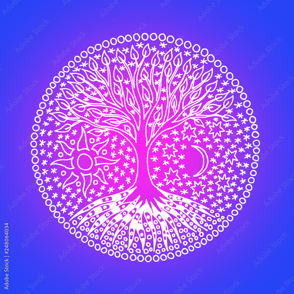 The tree of life. Mandala. Symbolic pattern in white. Manual graphics ...