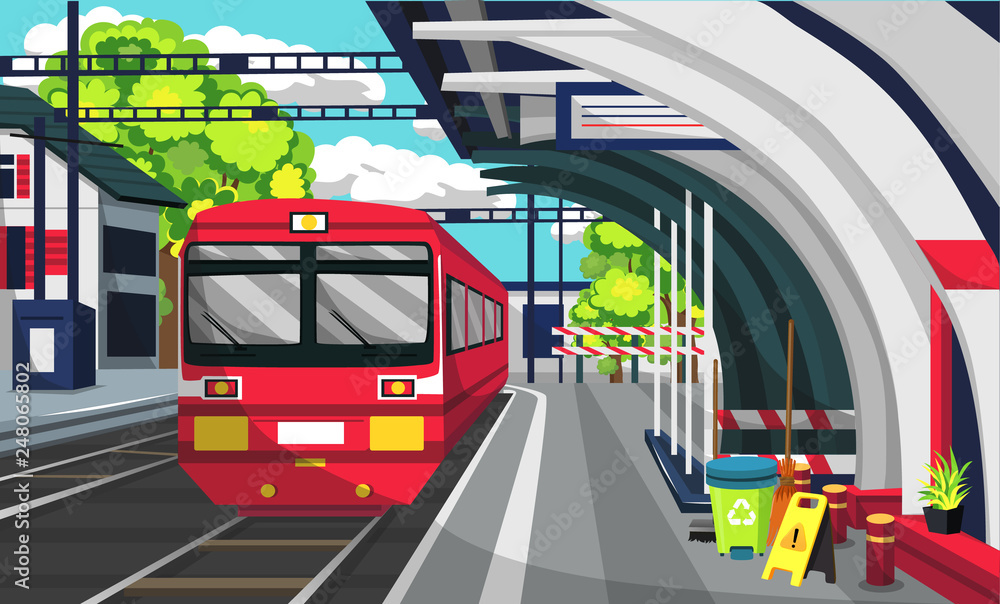 Clean Train Commuter Line Railway Station With Brush And Trash Can ...