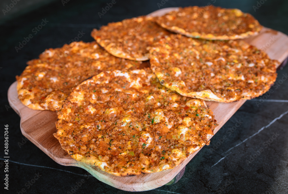 Traditional Turkish food Lahmacun. Also Known Turkish Pizza in Turkish ...