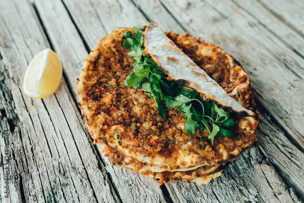 Traditional Turkish food Lahmacun. Also Known Turkish Pizza in Turkish ...