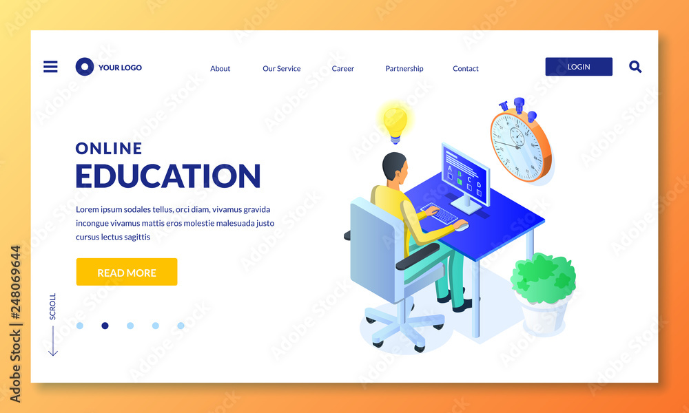 Student pass online computer quiz, exam, test. Vector isometric ...