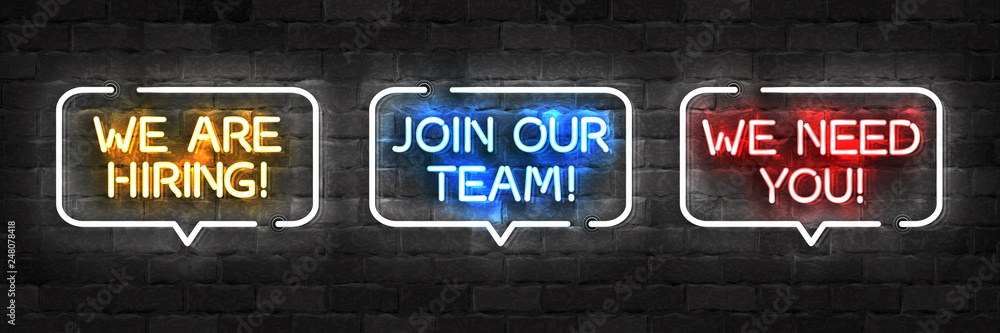 Vector set of realistic isolated neon sign of Hiring logo for ...