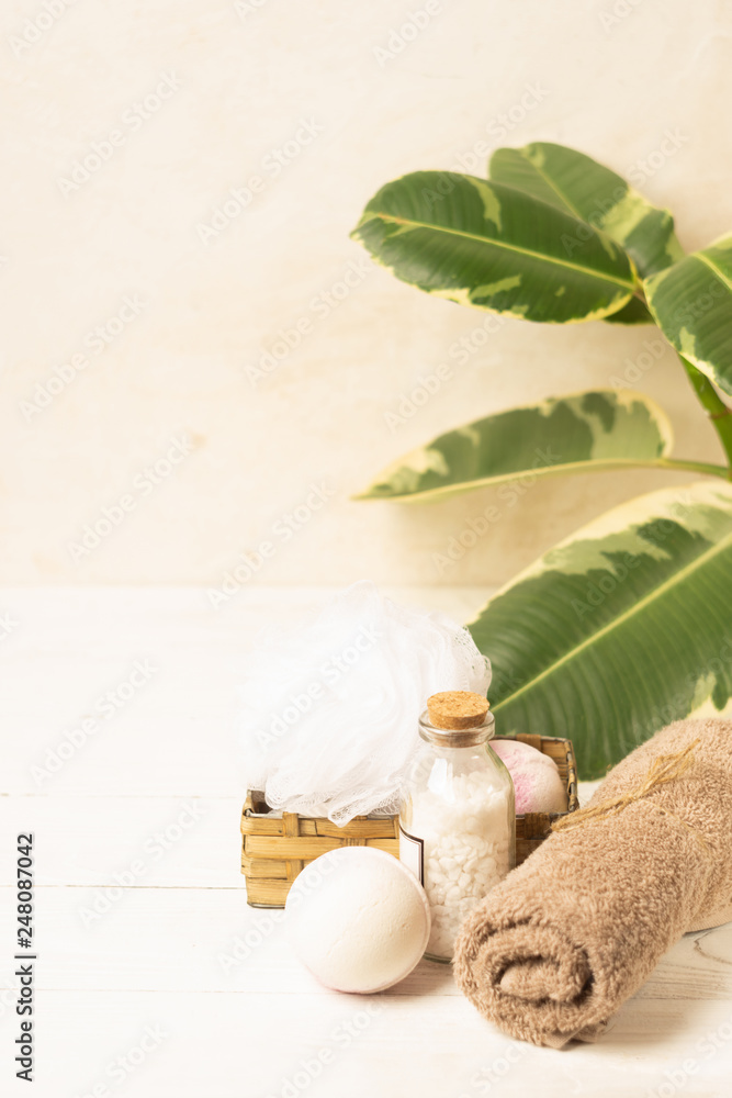 Set for spa treatments. Soft clean towels bath salt piece natural soap ...