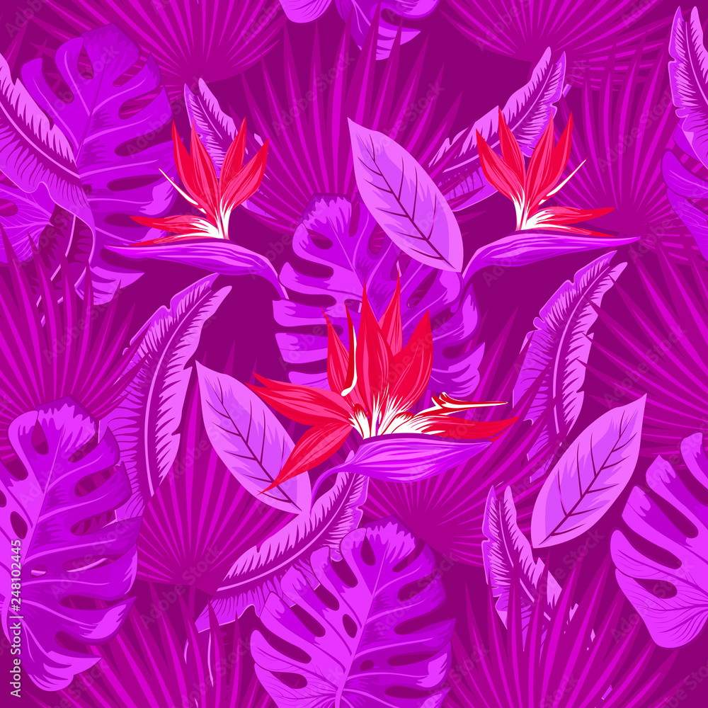 Vector seamless pattern of tropical neon purple palm leaves, monstera ...