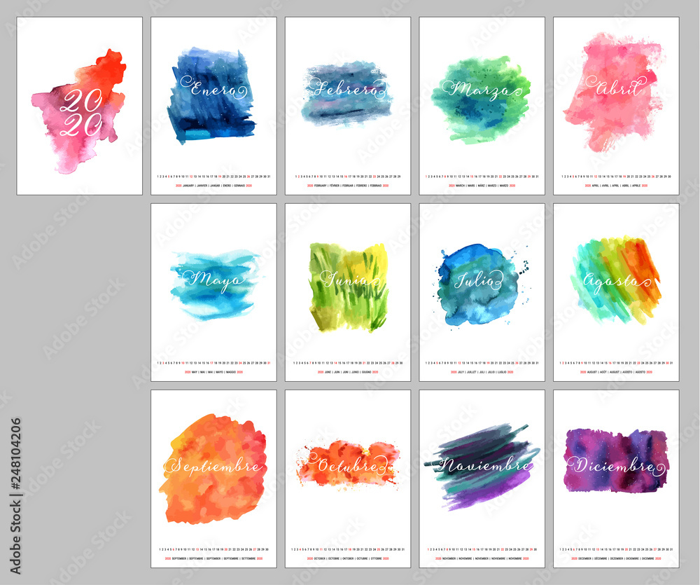 Calendar design for the year 2020 in Spanish, a template with ...