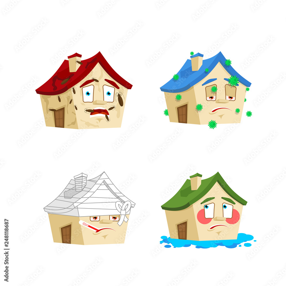 House Cartoon Style set 2. Home Sick and infected. Bandaged and flooded ...