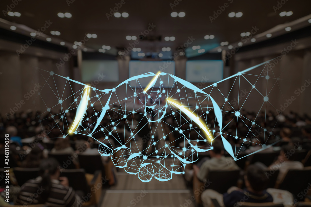 Handshake shape writing by lines and dots over Top view scene of Asian ...