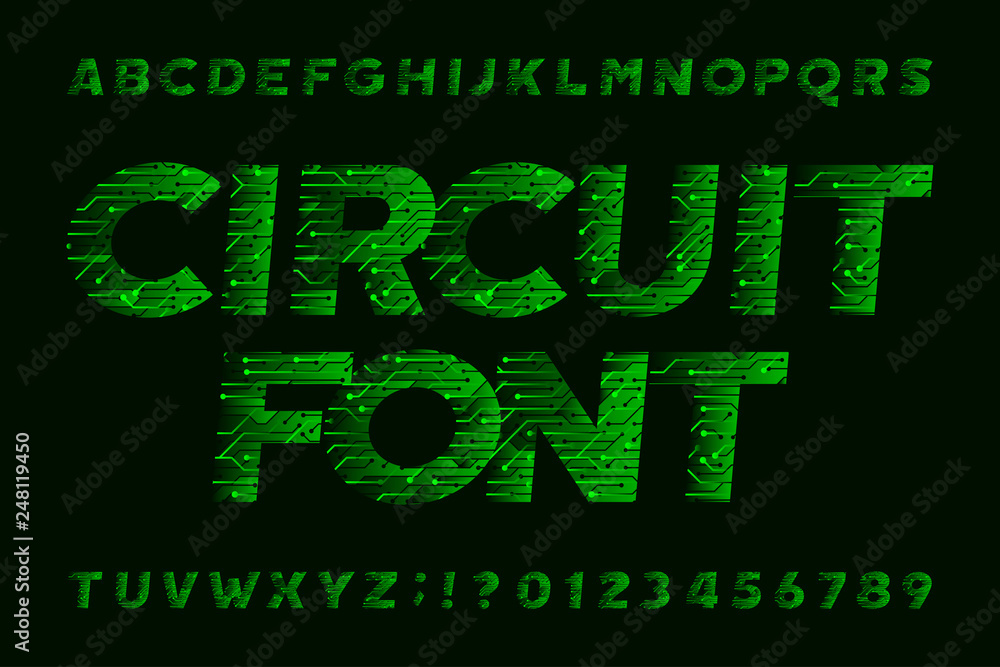 Circuit board font. Cyber vector alphabet. Digital hi-tech style ...