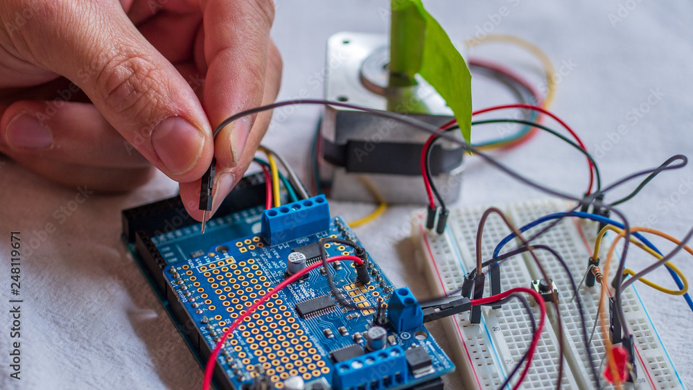 Microcontroller build closeup showing components, board and shield ...