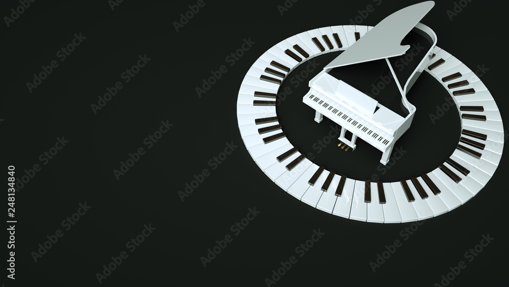 Grand Piano In The Circle Of Piano Keyboard On The Black Background ...