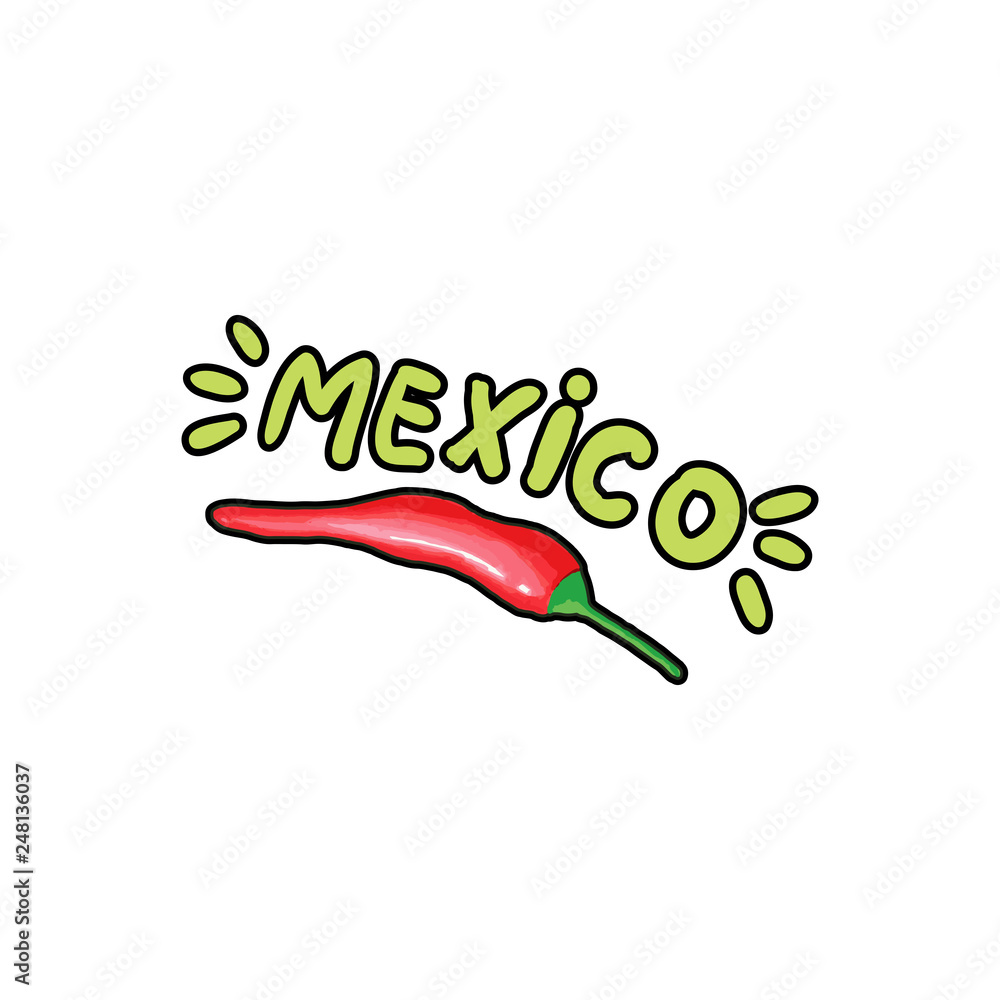 Mexico Lettering with Green letters and Red pepper. Isolated Logo ...