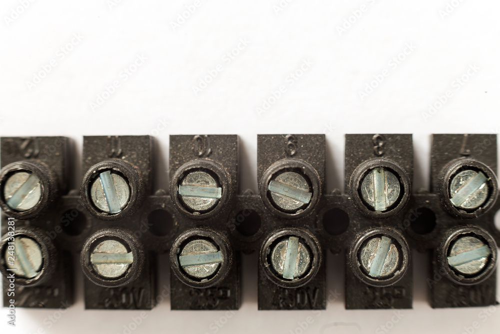 Terminal block electrical wires connector clips isolated on white copy ...