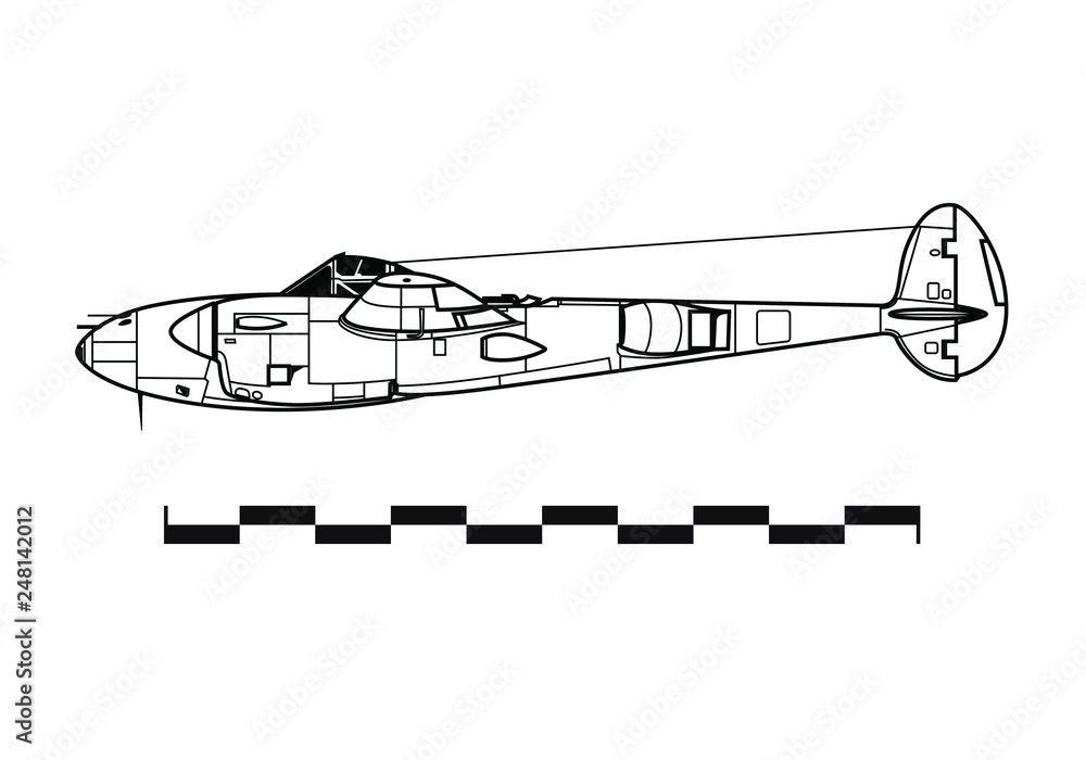 Lockheed P-38 LIGHTNING. Outline drawing Stock Vector | Adobe Stock