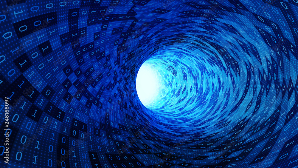 Binary code numbers in blue abstract speed motion in highway tunnel ...