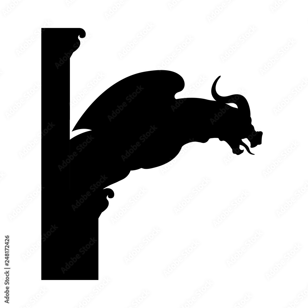 Black silhouette of gothic statue of gargoyle on wall. Medieval ...
