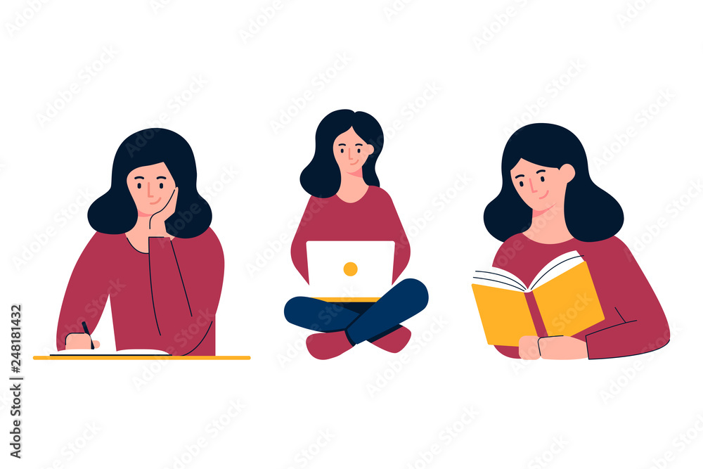 Girl studying vector illustration. Writing, working on laptop, reading ...