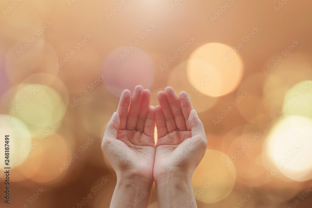 Women prayer hand praying with bokeh background for holy spirit and ...