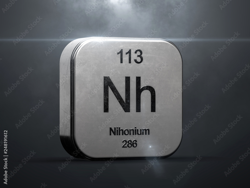 Nihonium element 113 from the periodic table. Metallic futuristic icon ...