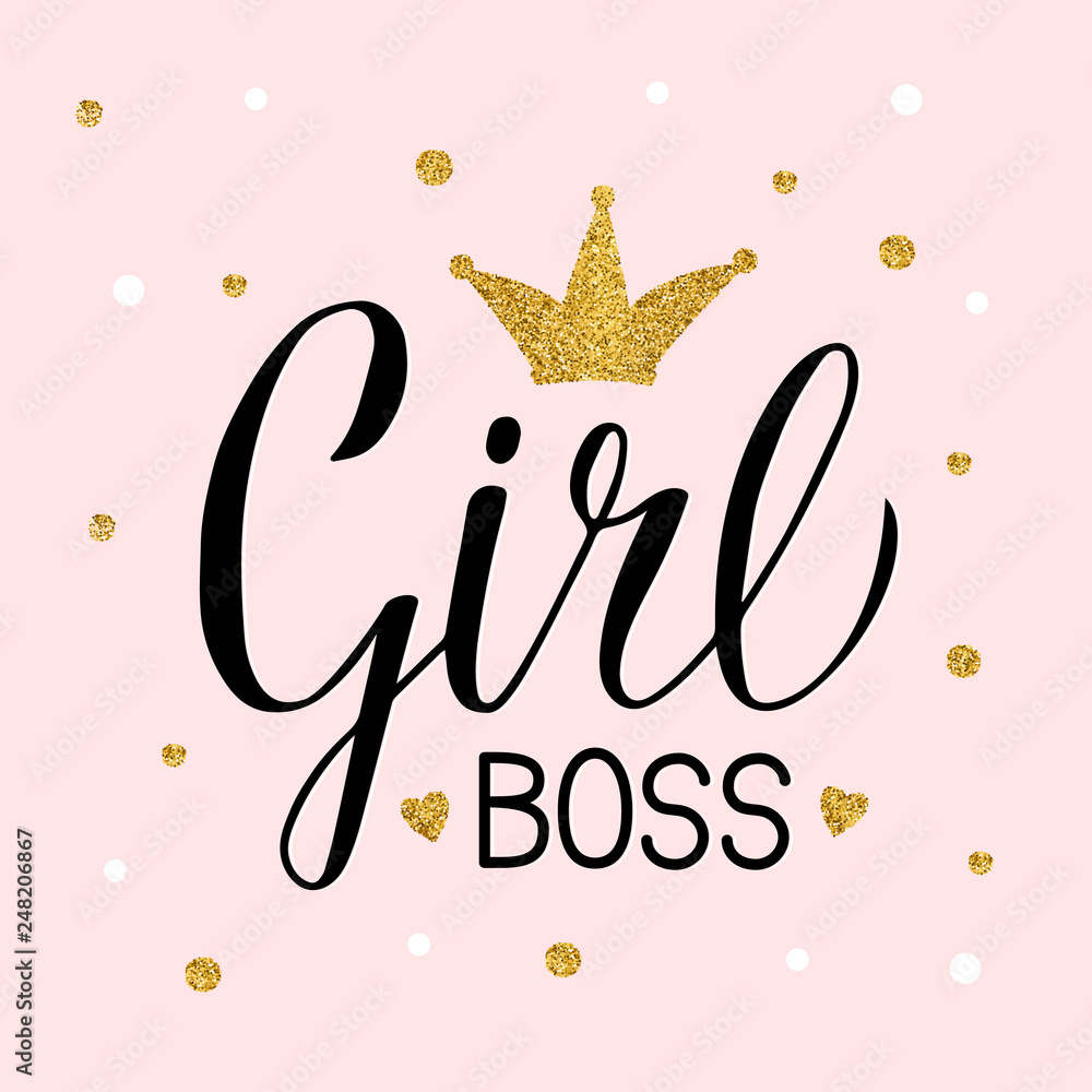 Girl Boss calligraphy lettering with gold textured crown and confetti ...