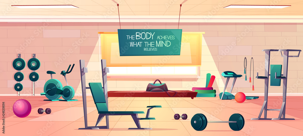 Sport club gym spacious interior cartoon vector with various fitness ...