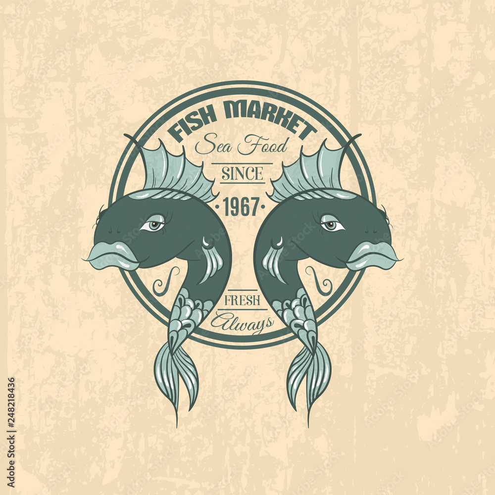Vector logotype of fish market with fishes in circle. Template for ...