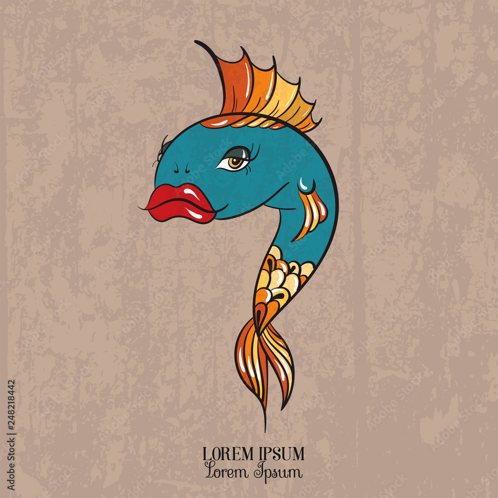 Vector illustration of funny nice fish with big red lips made in hand ...