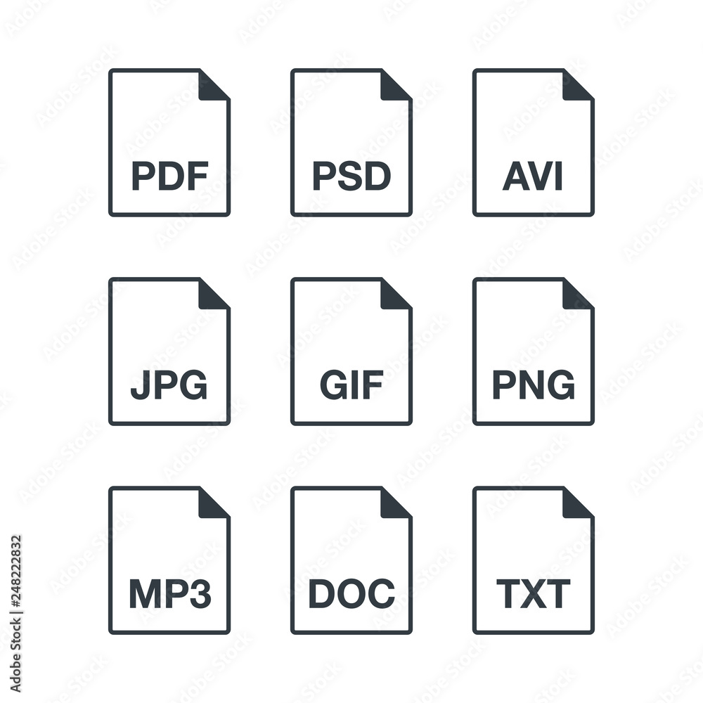Black popular thin line document file format icons set. Multi types ...