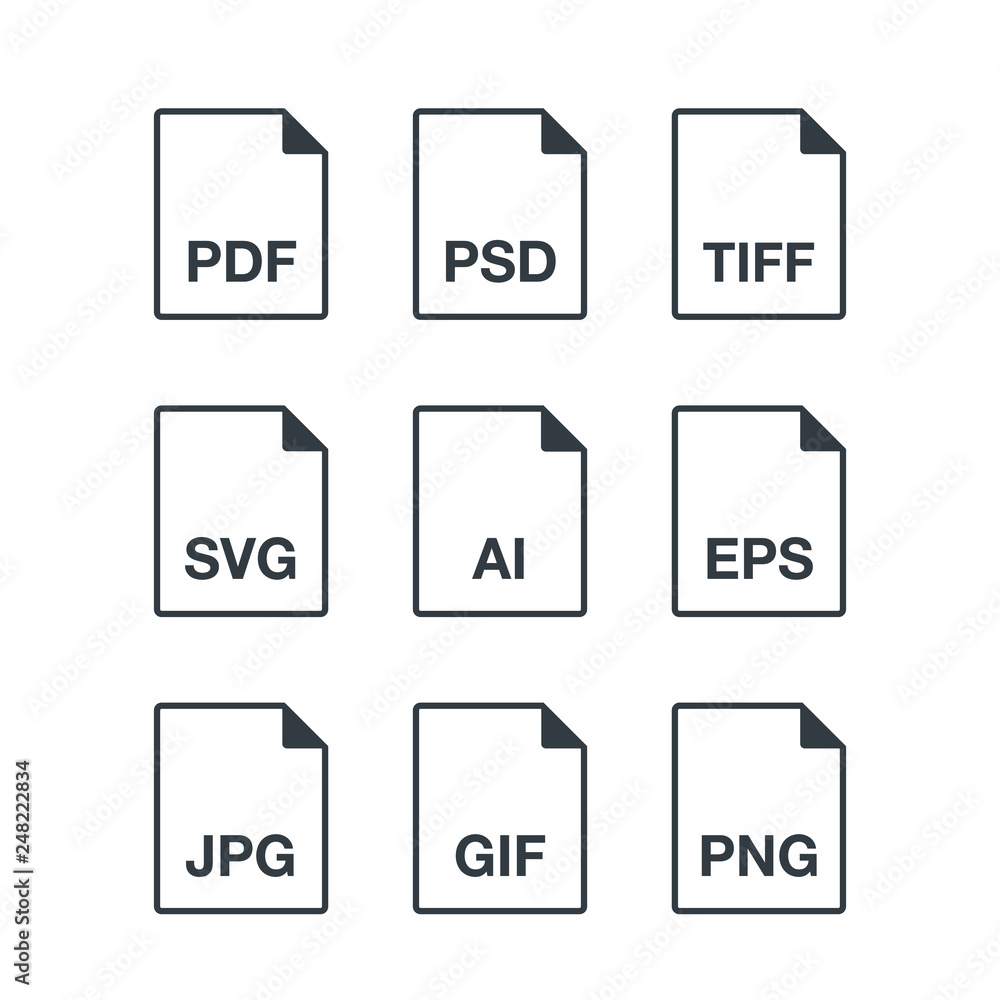 Black popular thin line document file format icons set. Multi types ...
