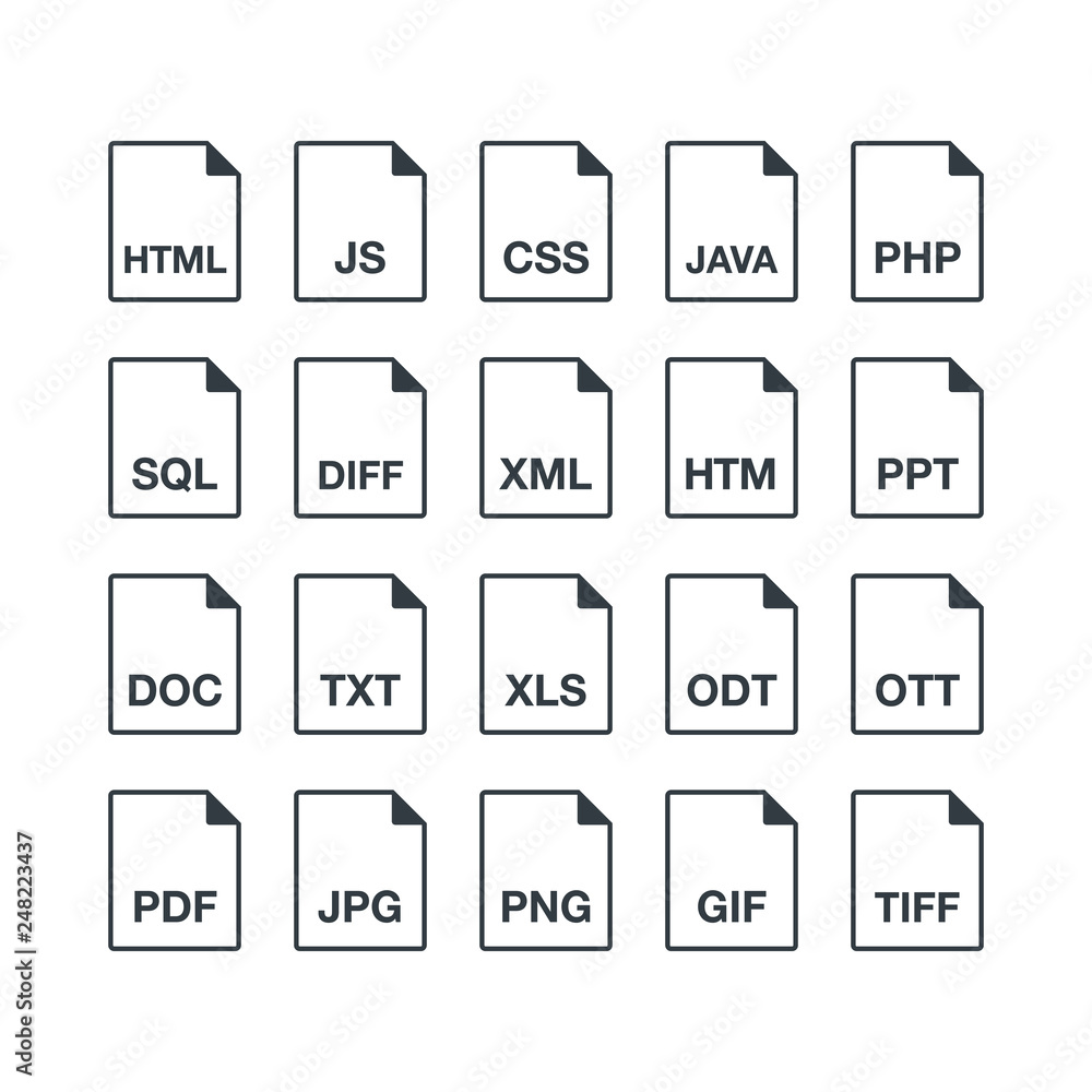 Black popular line document file format icons set. Multi types simple ...