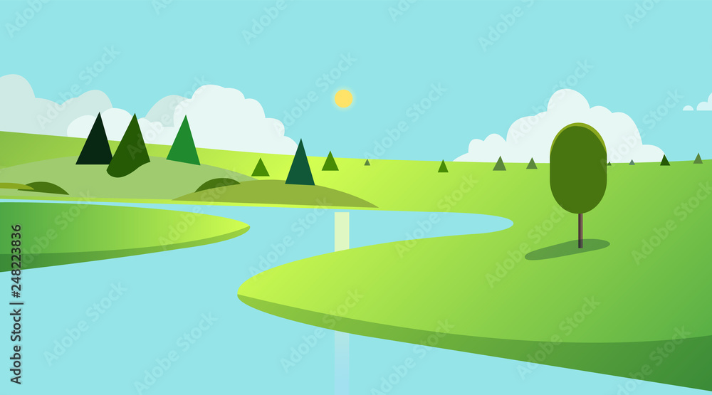 Public park with trees and sky background design.Landscape view river ...