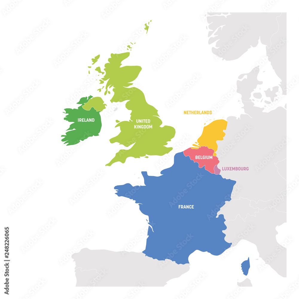 West Europe Region. Colorful map of countries in western Europe. Vector ...