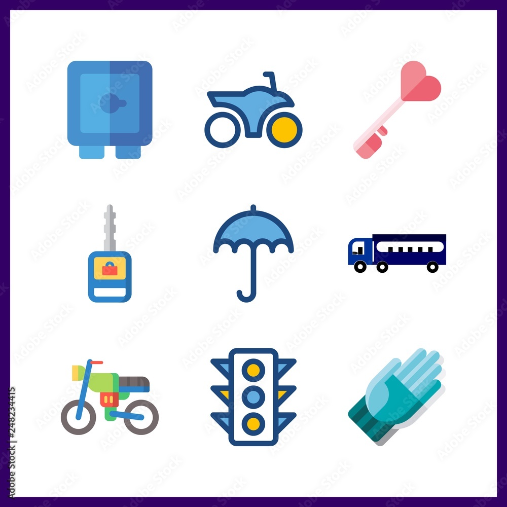 9 safety icon. Vector illustration safety set. school bus and umbrella ...