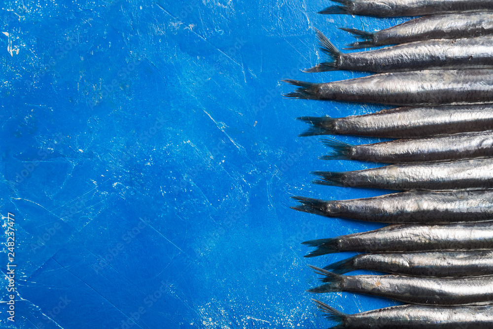 Seafood. Small sea fish, anchovies. Top view, fish pattern Stock Photo ...