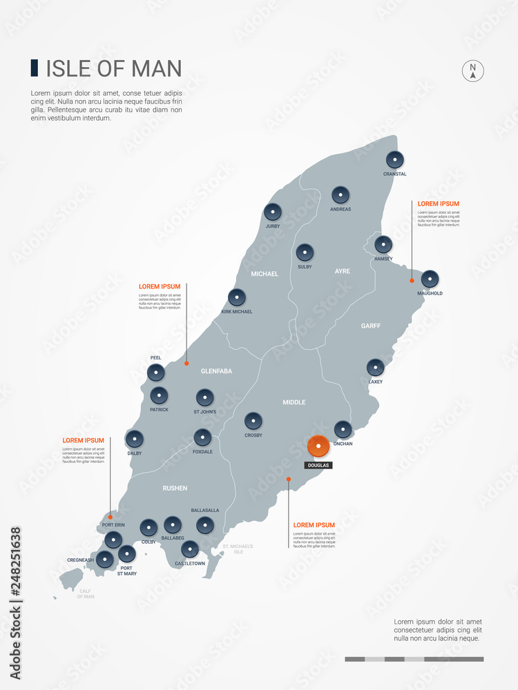 Isle of Man map with borders, cities, capital and administrative ...