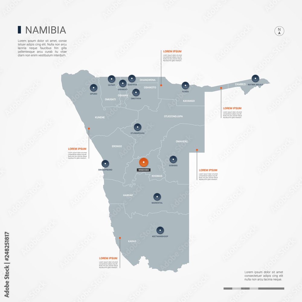 Namibia map with borders, cities, capital and administrative divisions ...