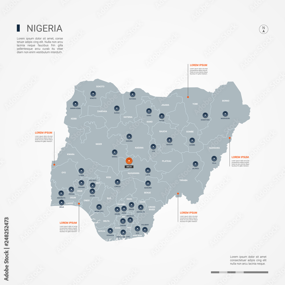 Nigeria map with borders, cities, capital and administrative divisions ...