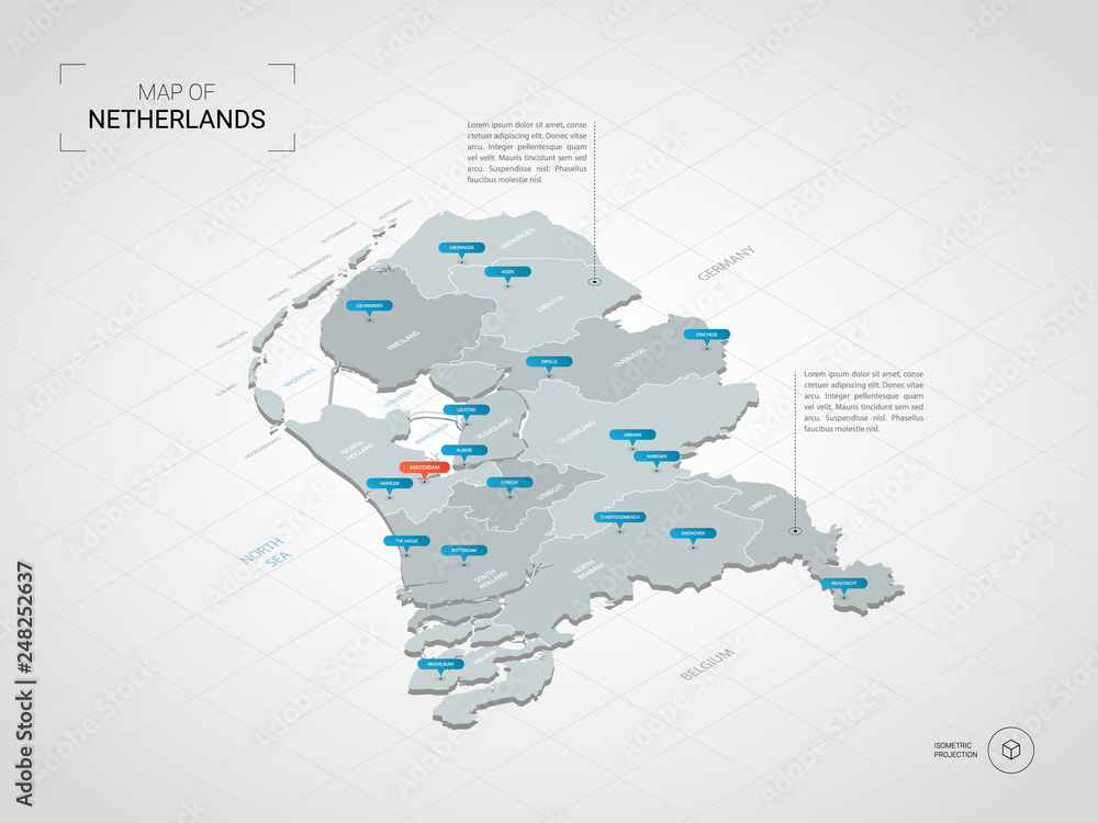 Isometric 3D Netherlands map. Stylized vector map illustration with ...