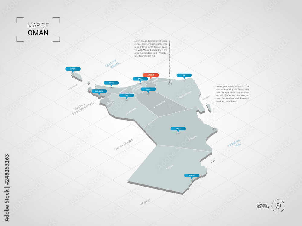 Isometric 3D Oman map. Stylized vector map illustration with cities ...