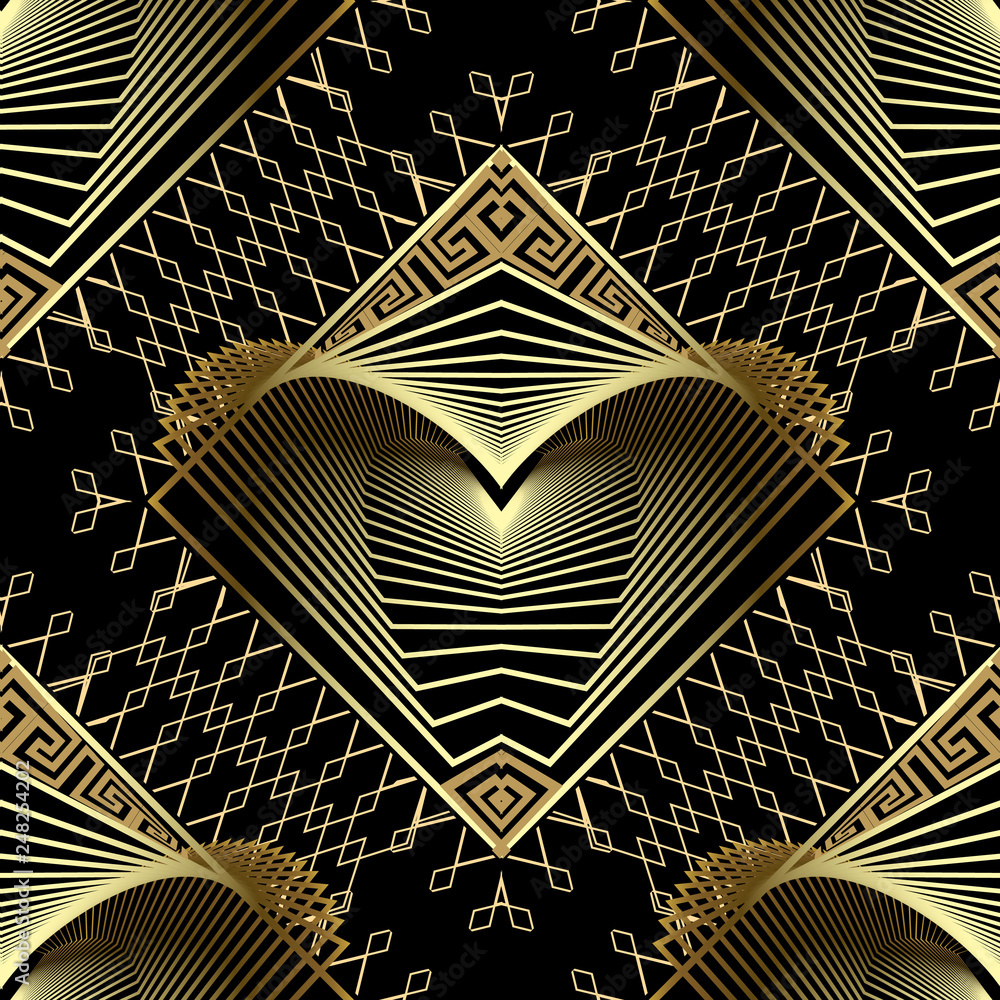 Geometric gold modern 3d vector seamless pattern. Greek ornamental grid ...