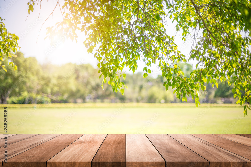 Empty wooden table with garden bokeh for a catering or food background ...