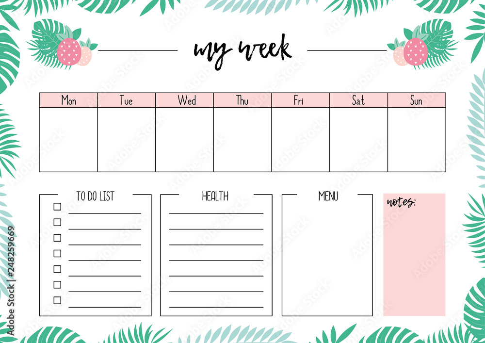 Summer weekly planner A4, page for notebook, diary, organiser, book ...