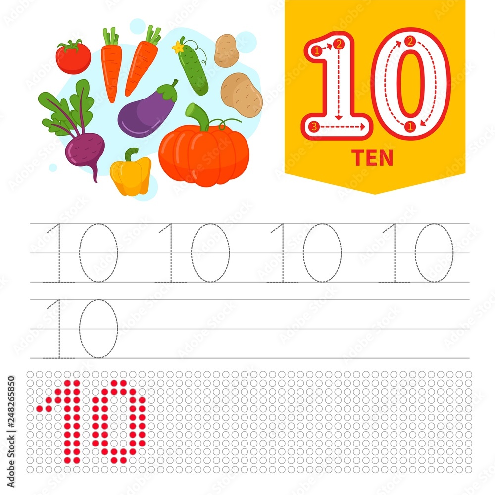 Kids learning material. Card for learning numbers. Number 10. Cartoon ...