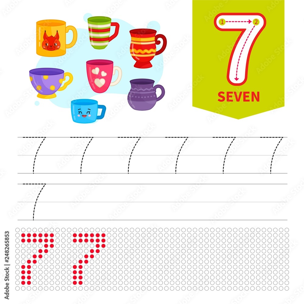 Kids learning material. Card for learning numbers. Number 7. Cartoon ...