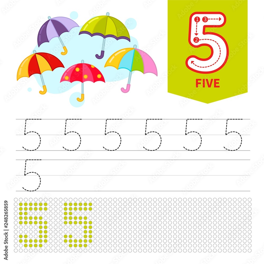 Kids learning material. Card for learning numbers. Number 5. Cartoon ...