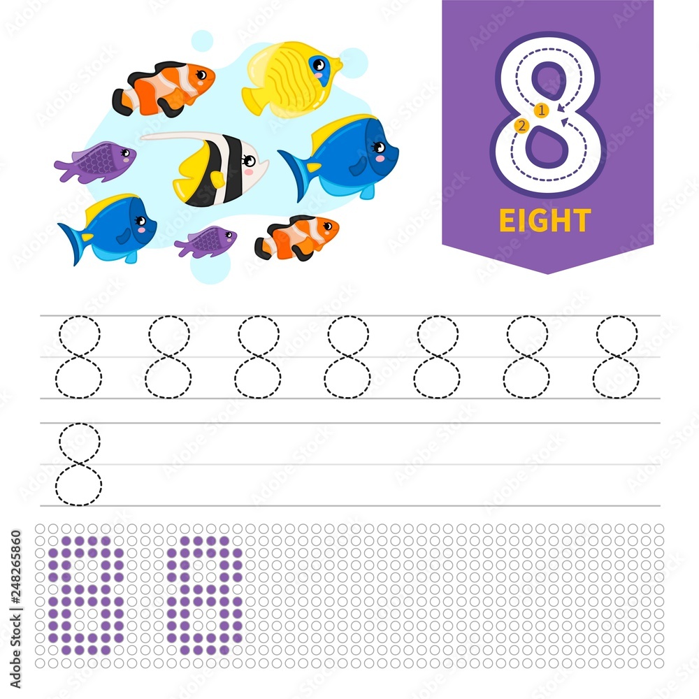 Kids learning material. Card for learning numbers. Number 8. Cartoon ...