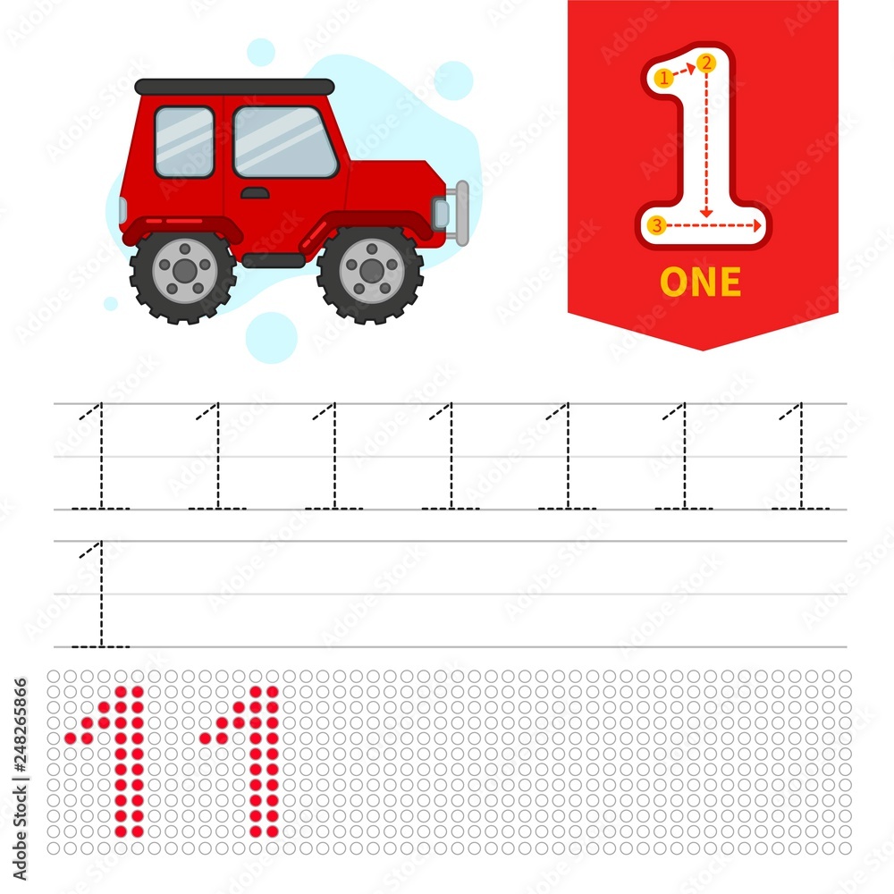 Kids learning material. Card for learning numbers. Number 1. Cartoon ...