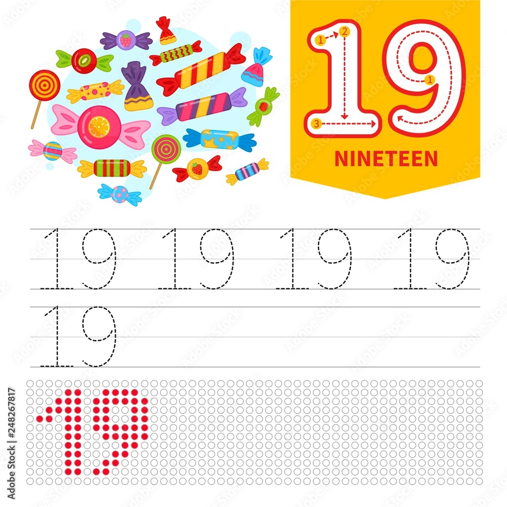 Kids learning material. Card for learning numbers. Number 20. Cartoon ...