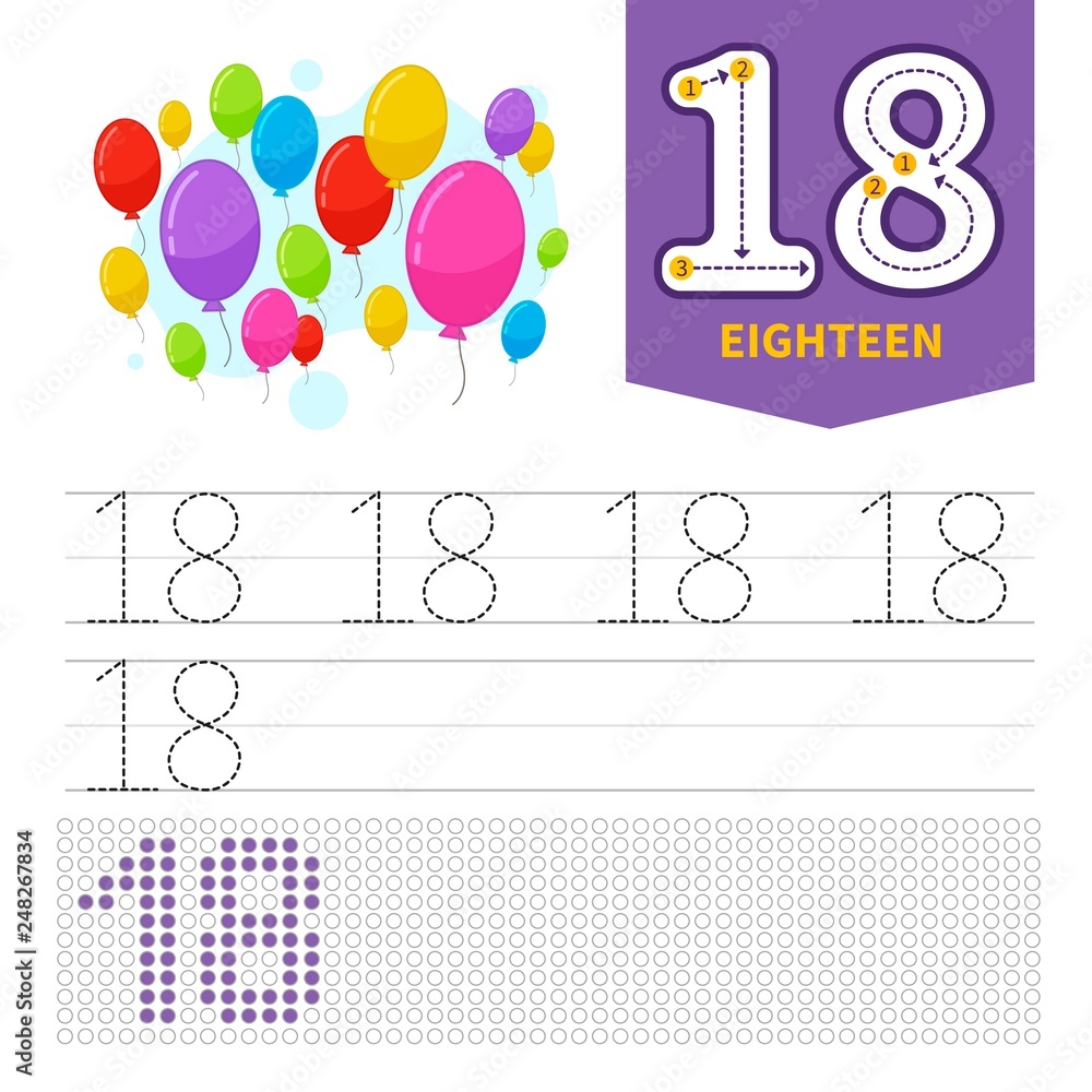 Kids learning material. Card for learning numbers. Number 18. Cartoon ...